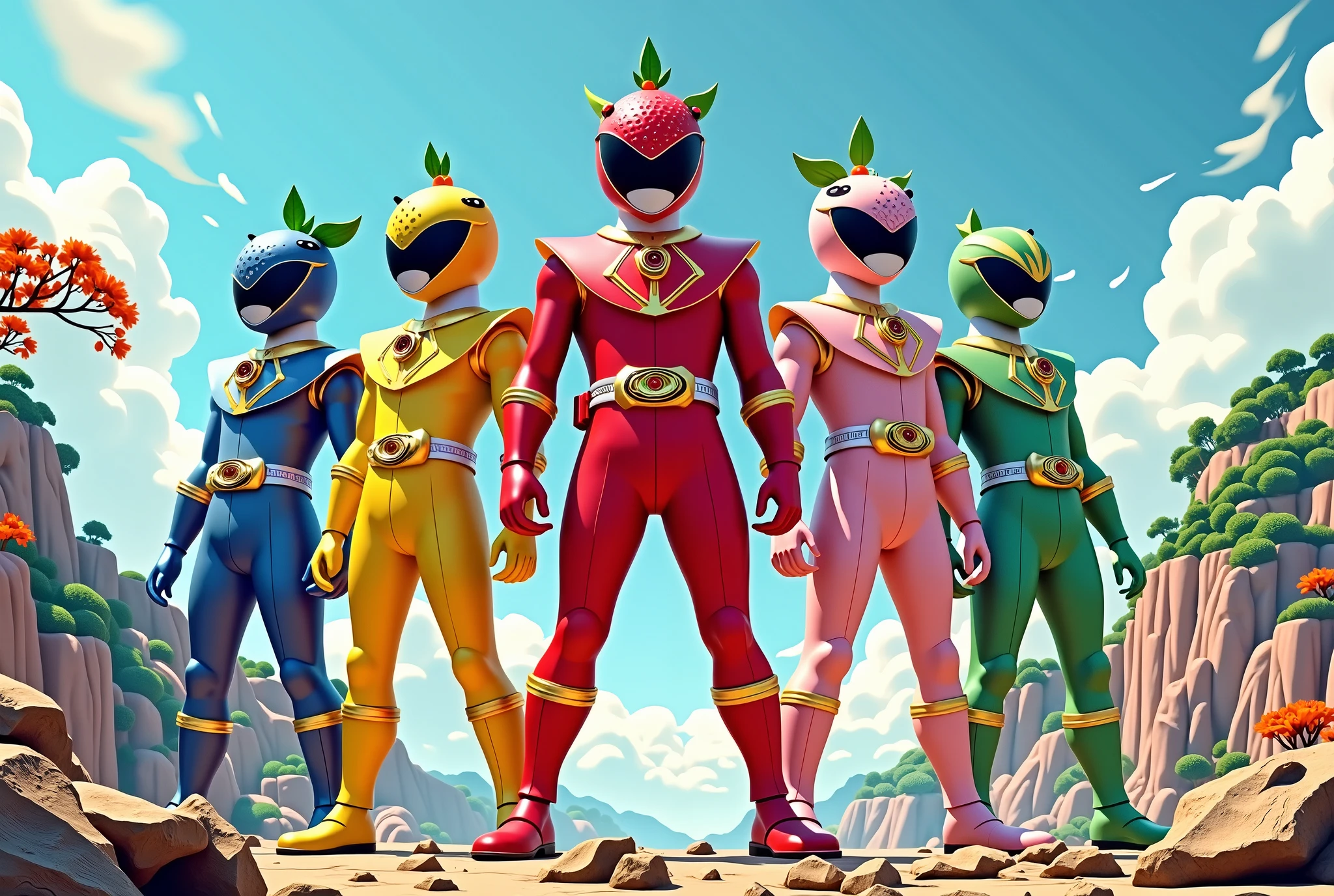Three cartoon characters in power rangers costumes stand on a rocky ...