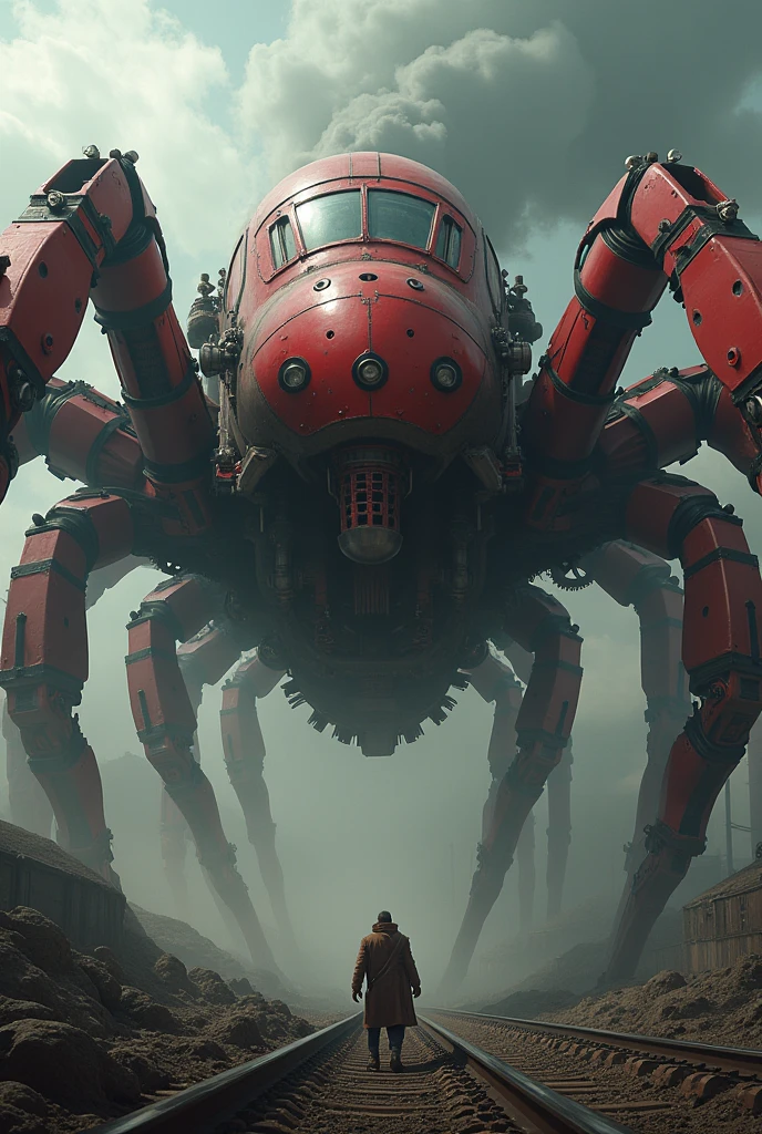 A train turning into a spider train which is red with sharp teeth ...