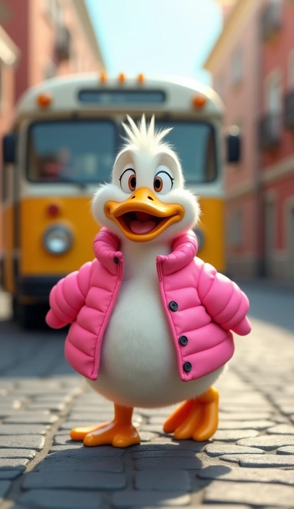 Cartoon fat duck using a pink jacket on the way there is a bus - SeaArt AI
