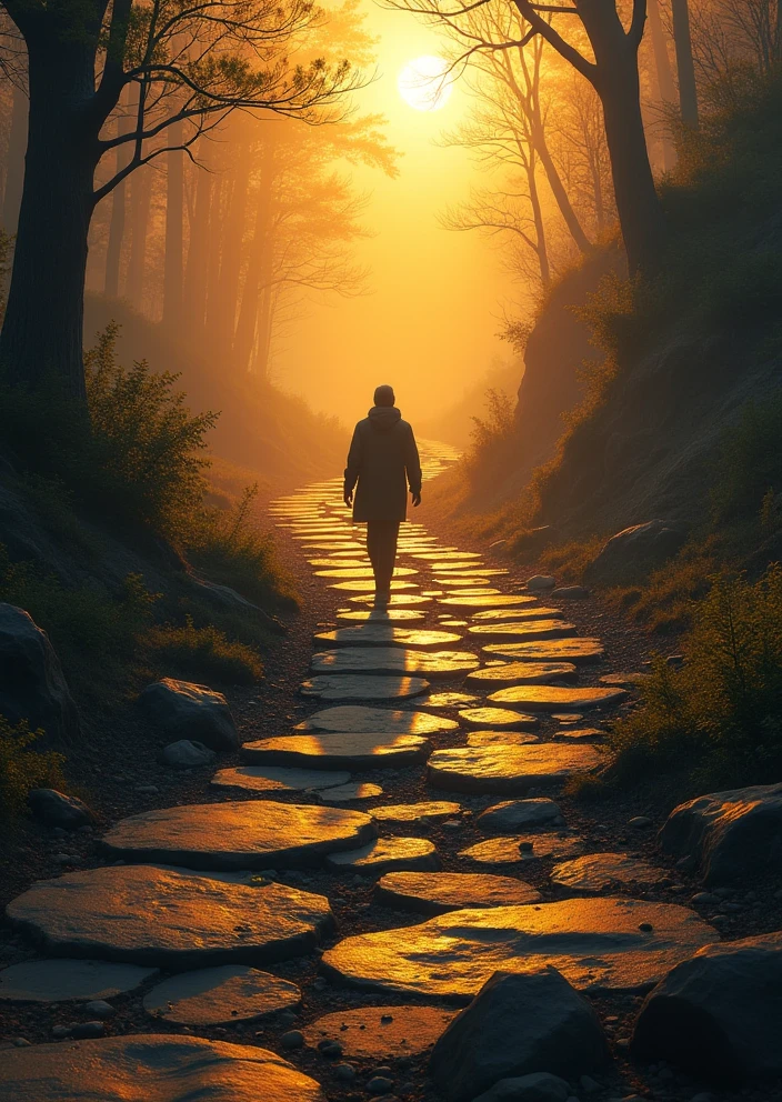 "A person walks on a path with rough stones and fallen trees - SeaArt AI
