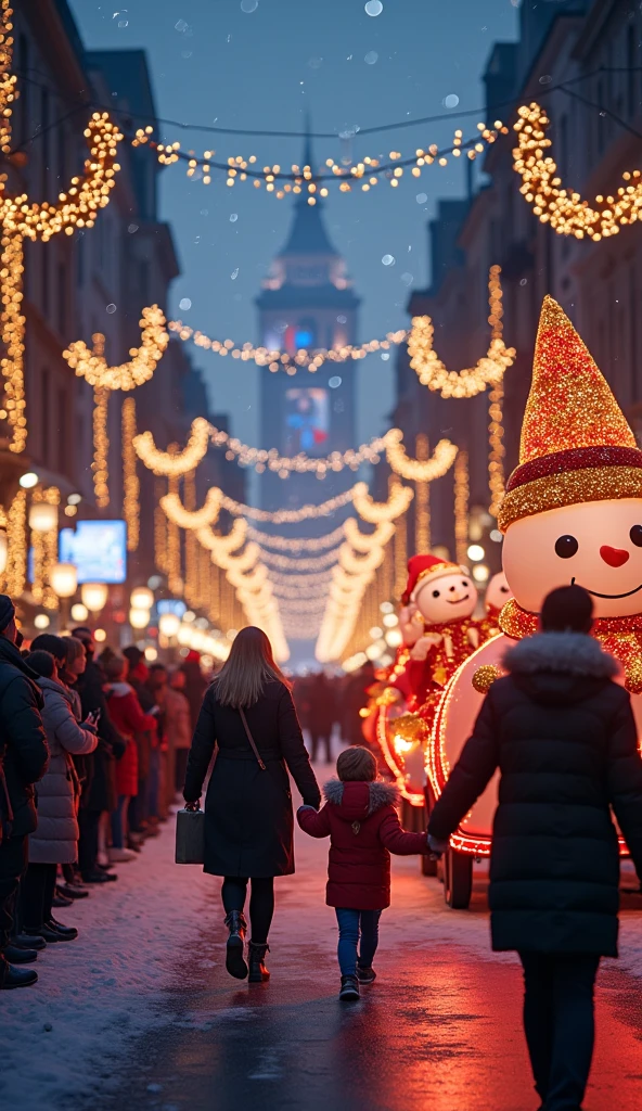 An ultra-realistic portrait of a Christmas parade in a vibrant city ...