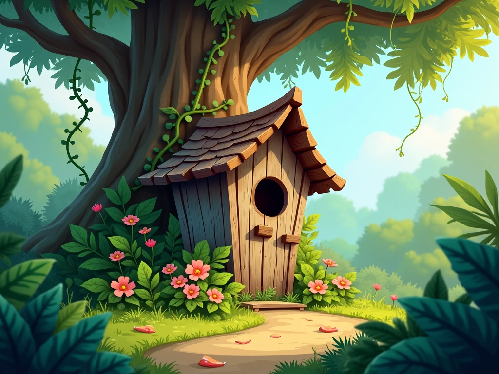 Create a cartoon mud old bird house under a big tree surrounded by ...