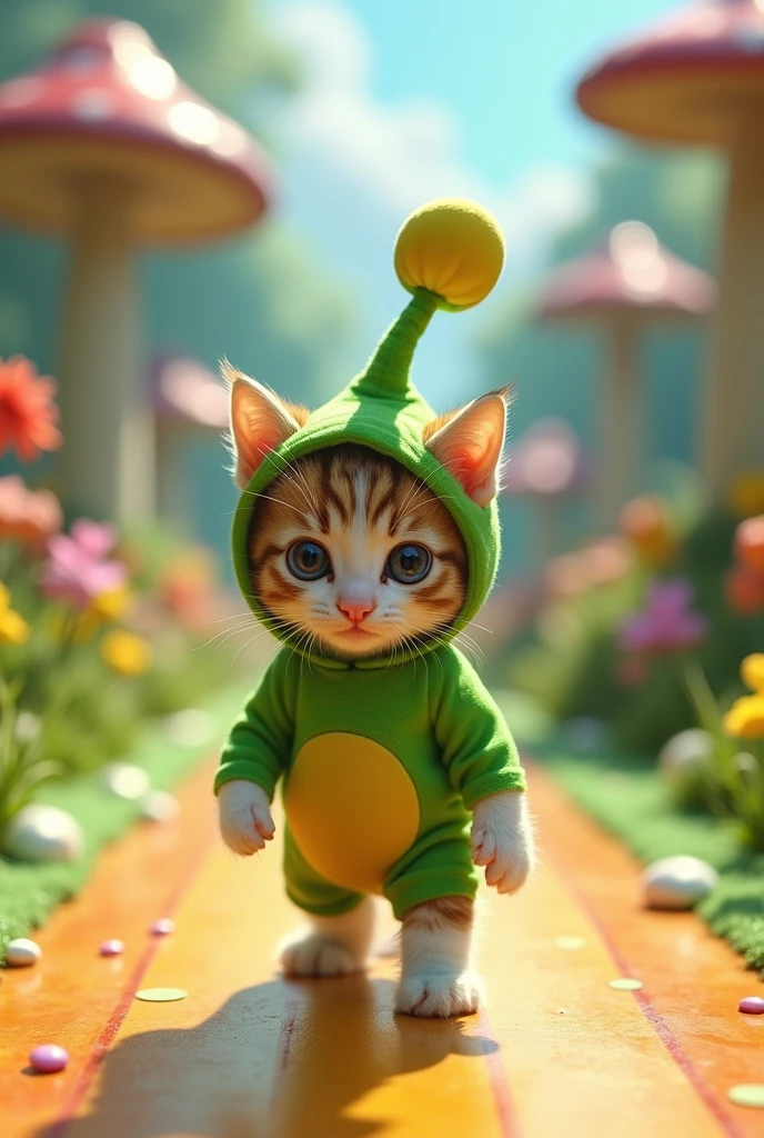 Kitten 、( a real cat is wearing a green Pikmin costume)、Stand and walk ...