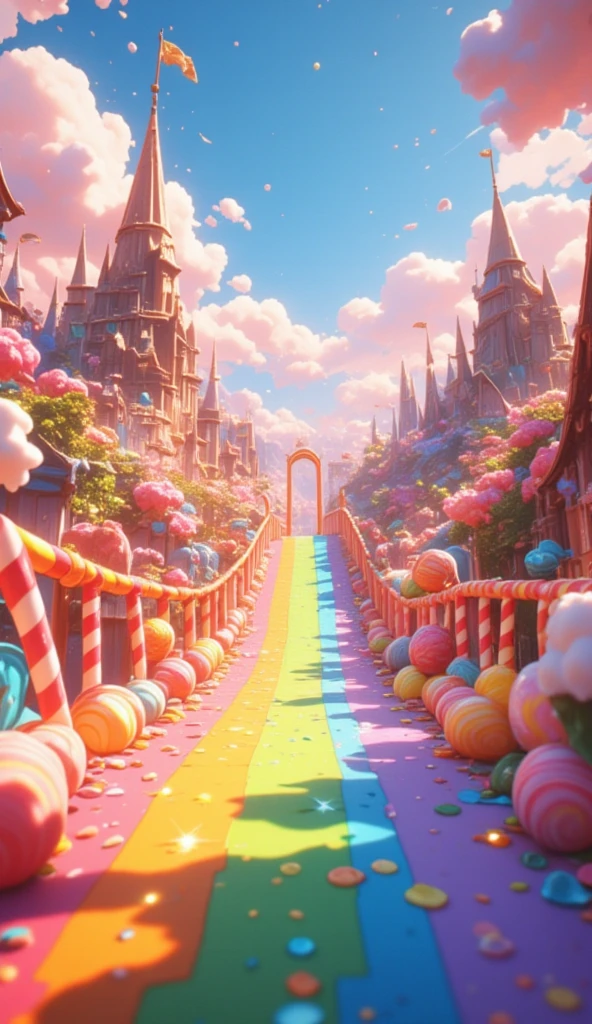 A rainbow bridge leading into candy land. camera focus on the rainbow ...