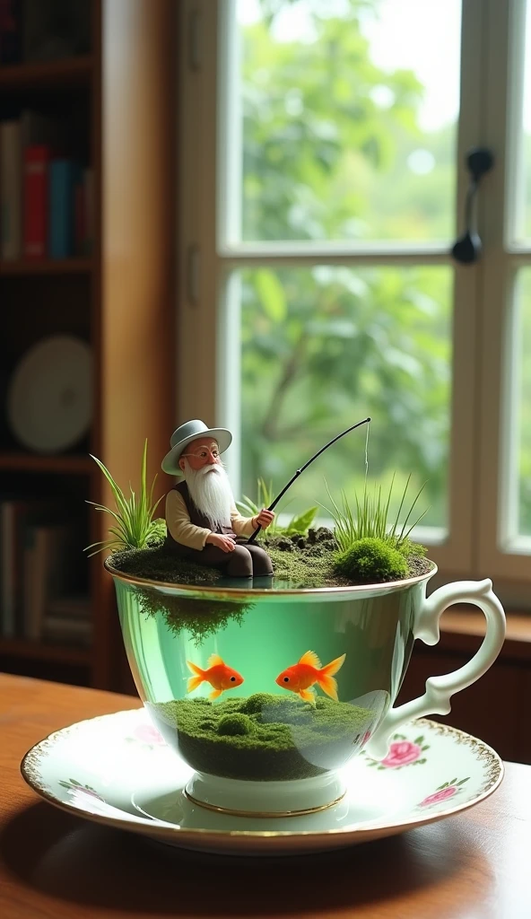 A surrealistic photograph features a large glass teacup filled with ...