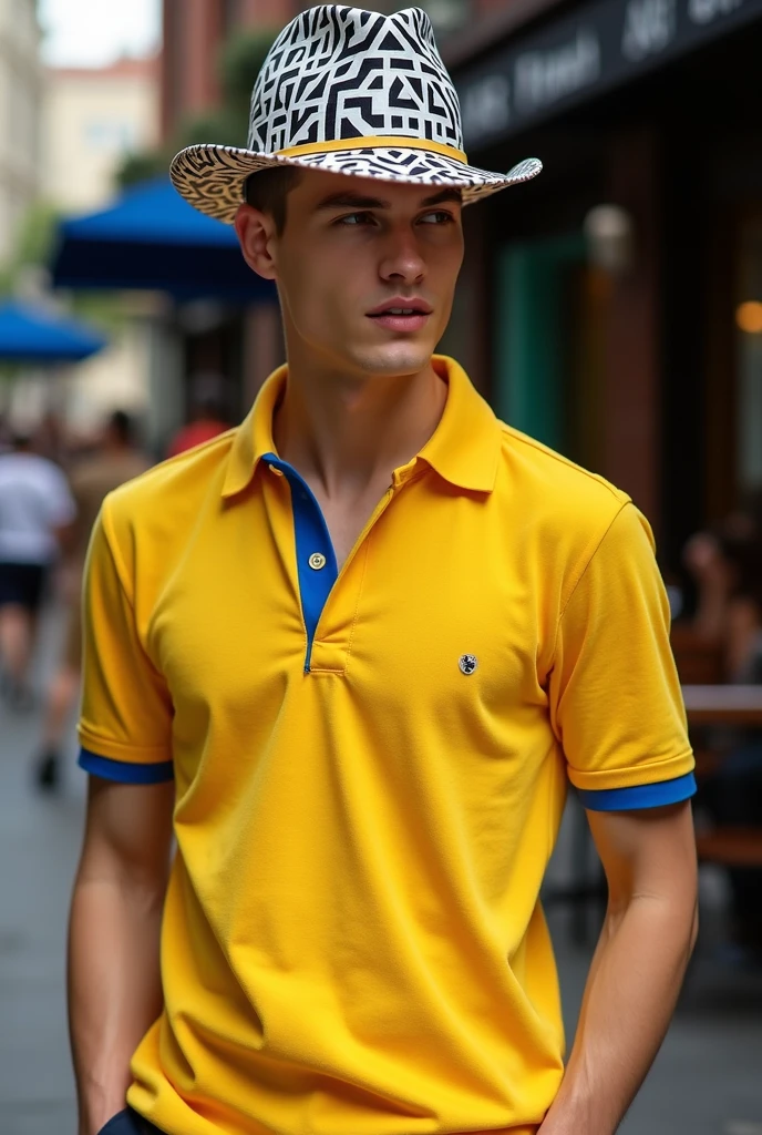 Yellow polo shirt on the collar and blue cuffs with black and white ...