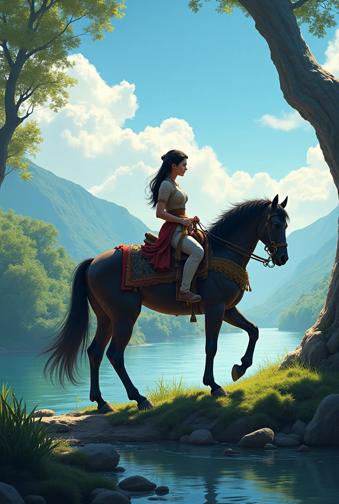 Draw a person from Jahlia riding a horse in front of the river - SeaArt AI