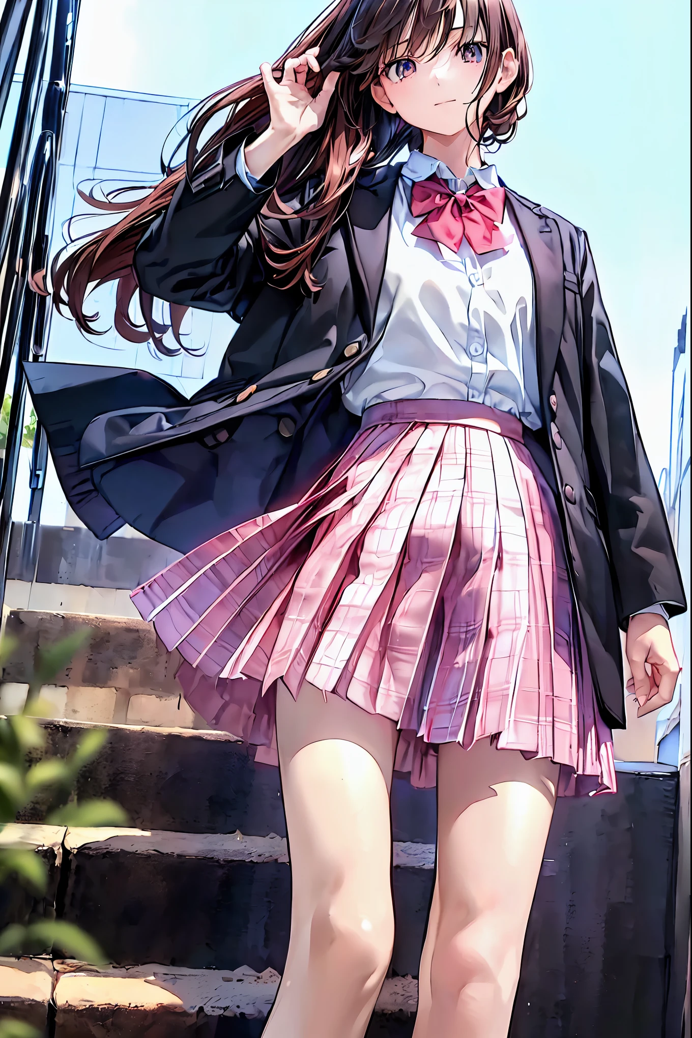 Anime girl in a school uniform walking up a flight of stairs - SeaArt AI