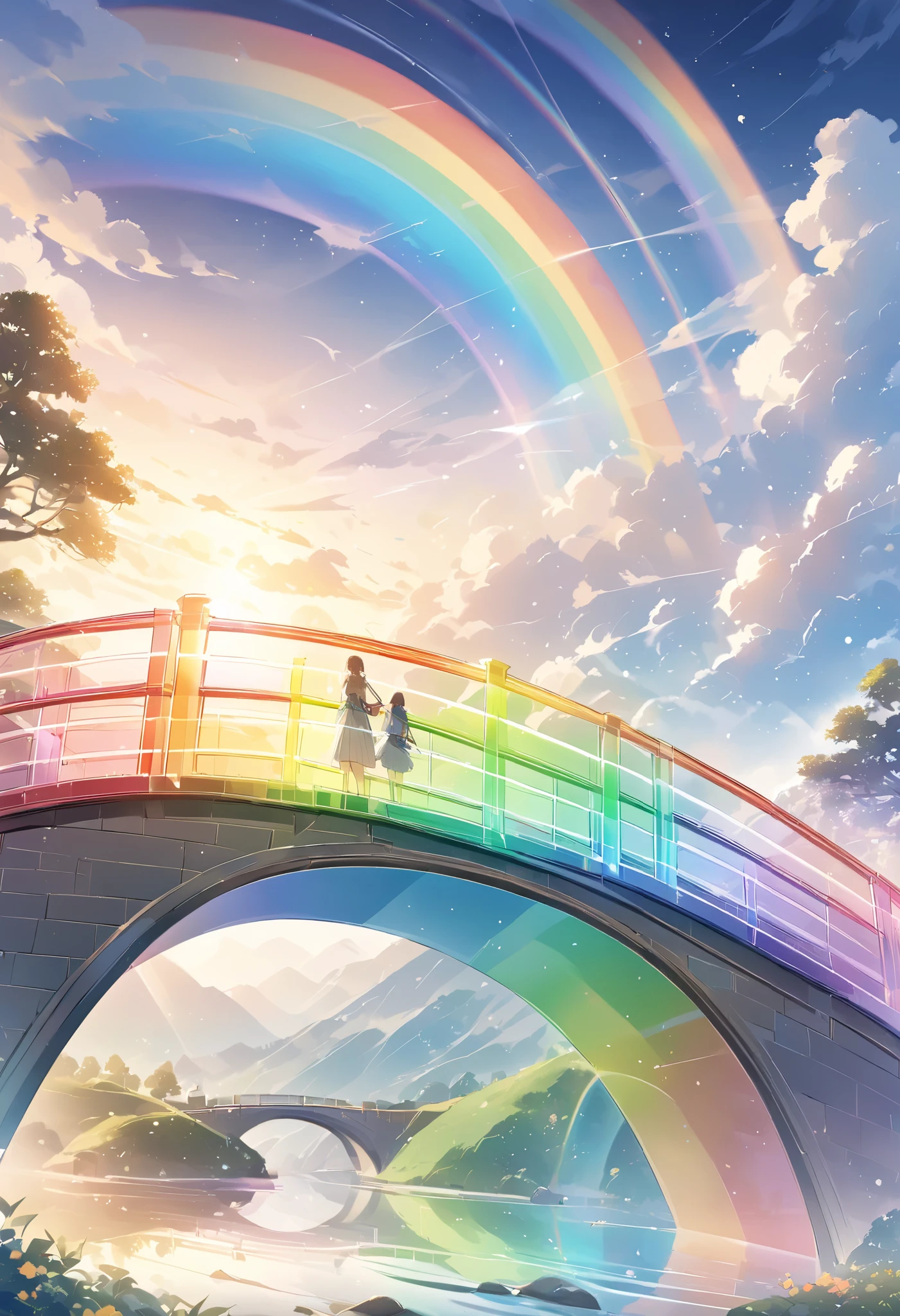 Anime scenery of rainbow bridge with two people standing on it - SeaArt AI