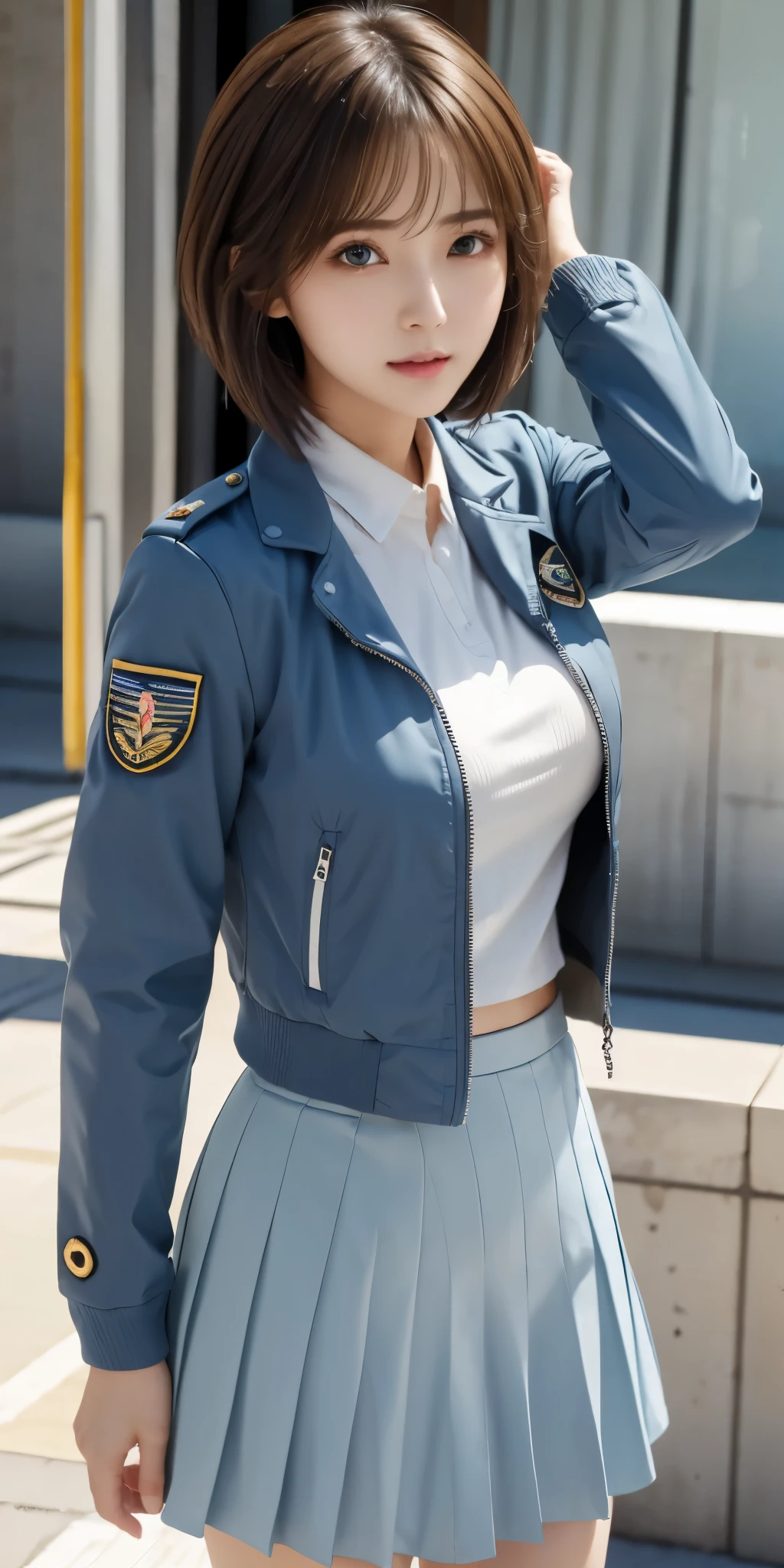 Arafed woman in a blue uniform posing for a picture - SeaArt AI