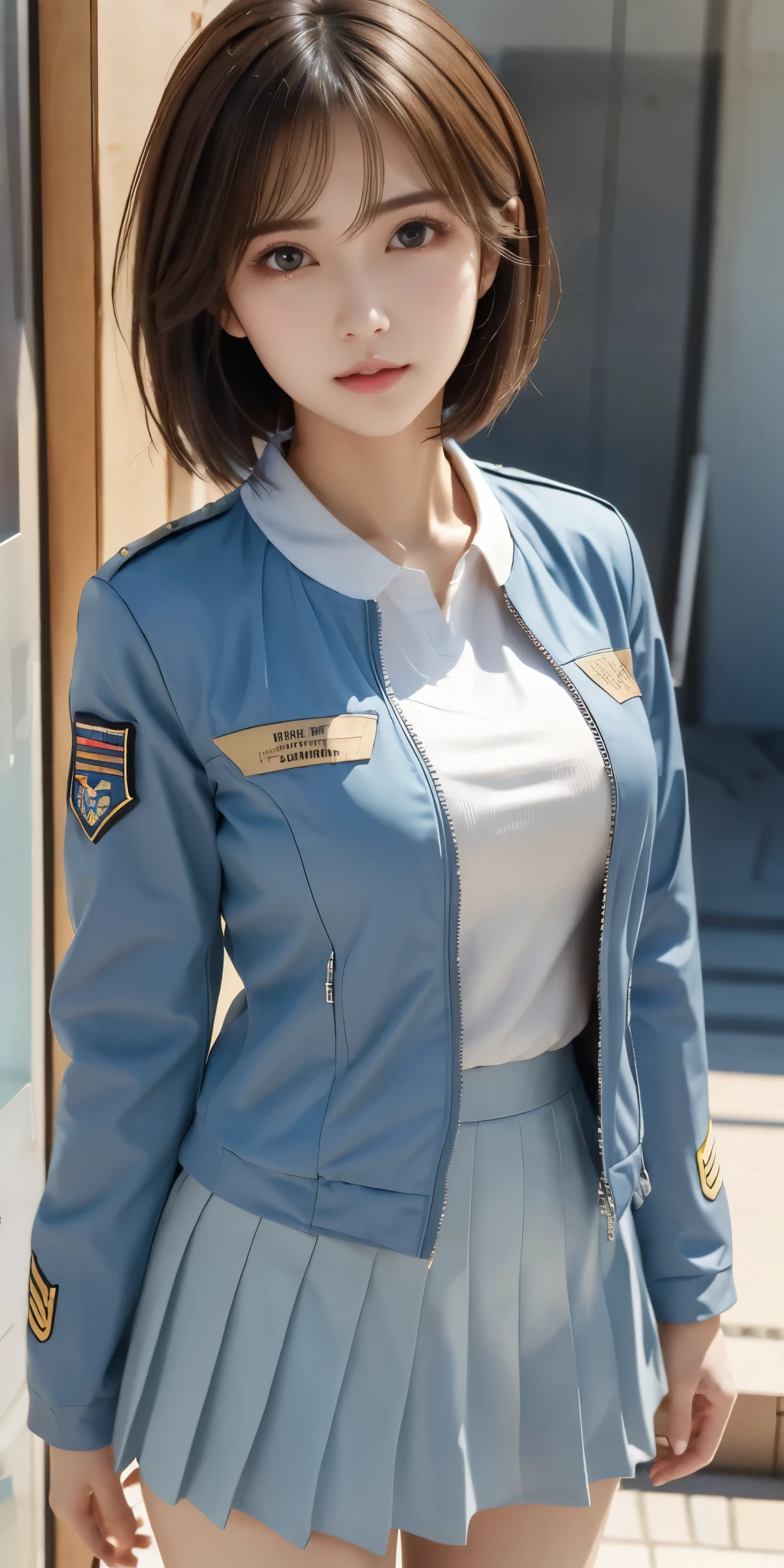 Arafed asian woman in a blue uniform posing for a picture - SeaArt AI