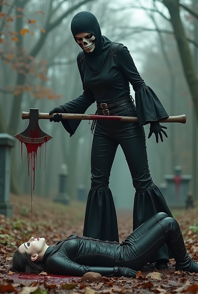 Curvy skull balaclava masked female wear huge bell bottom pants wide belt high p - SeaArt AI