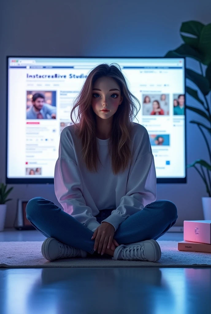 The girl sitting on a Facebook logo should be visible in front - SeaArt AI