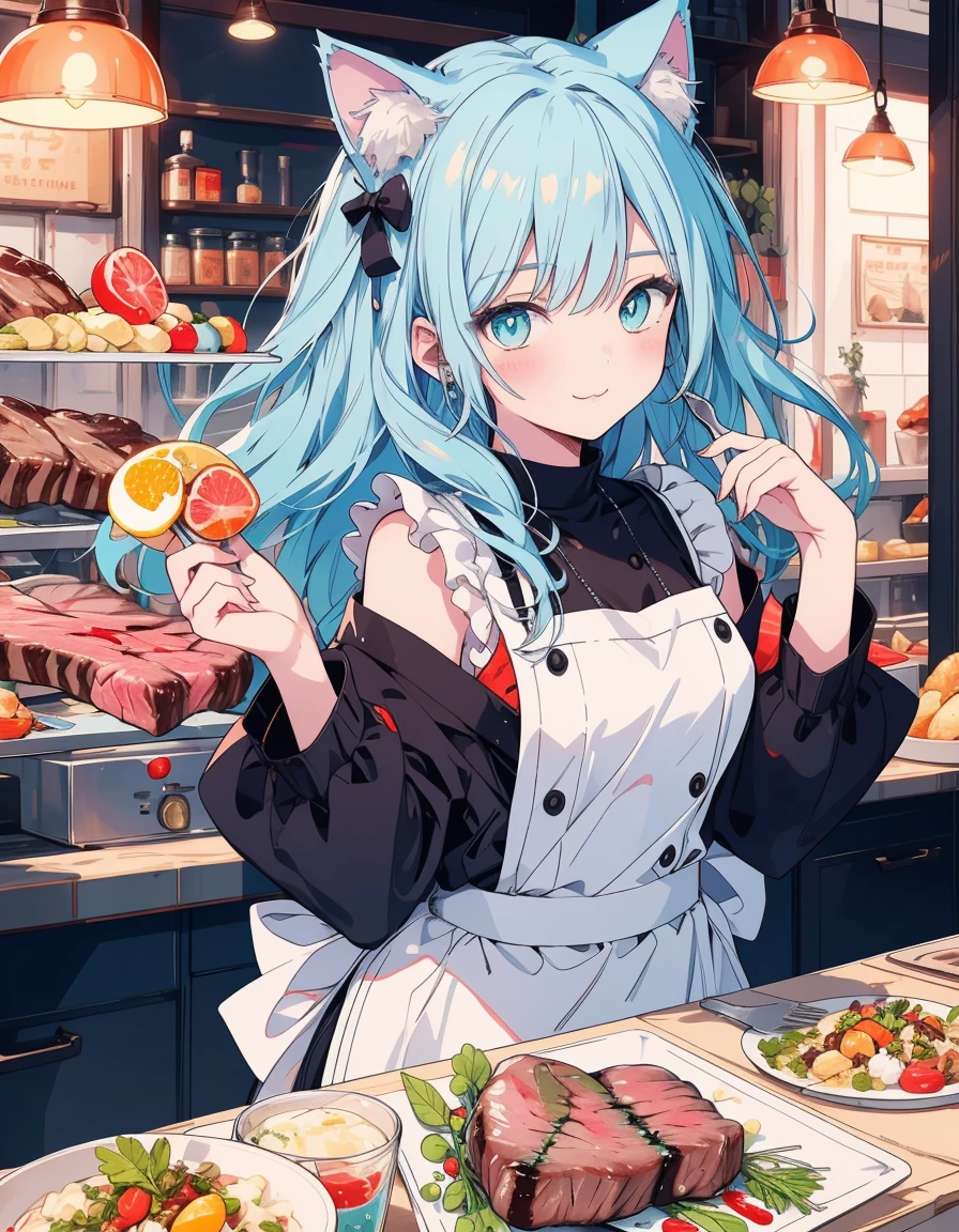 Chef, steak, smile, looking food, :3, paw, heart, master piece - SeaArt AI
