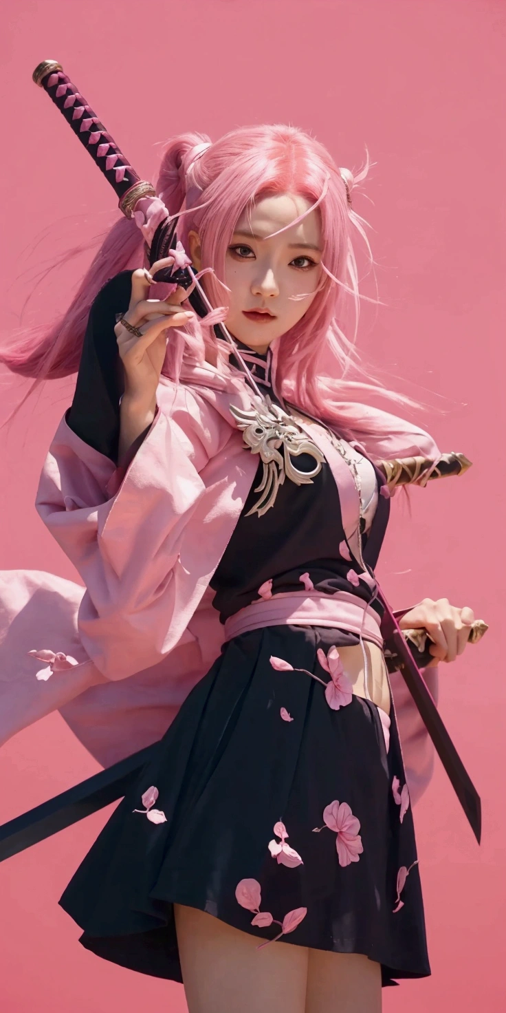 Beautifull girl with pink hair holding a sword and a pink background ...