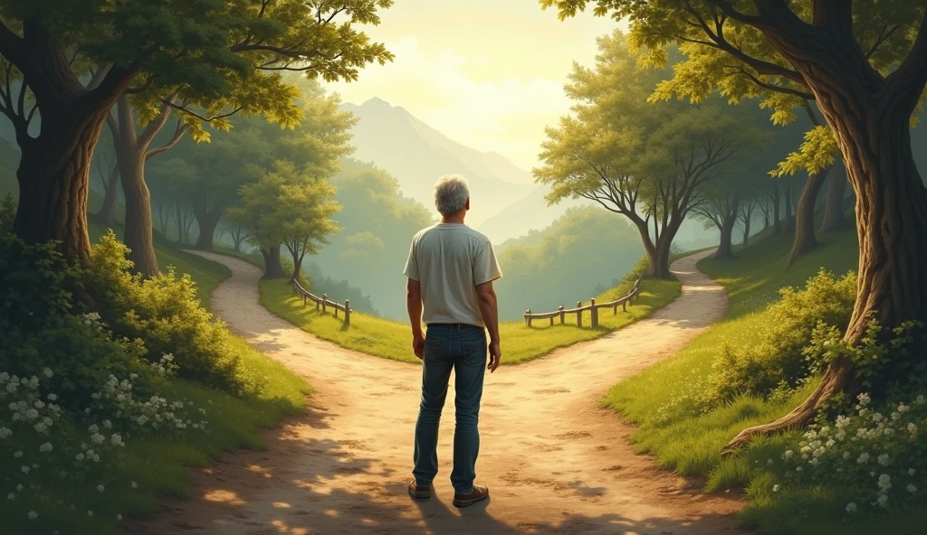 create an image of a man facing two paths, The path on the left is ...