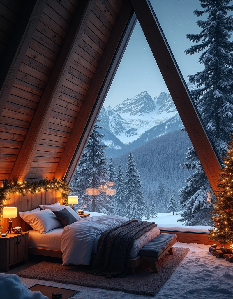 A bedroom in a wooden house made of glass triangular with a fireplace ...