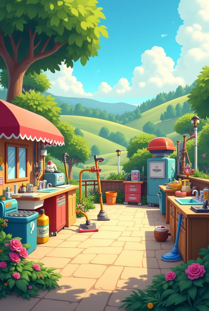 Large cleaning room outside realistic cartoon - SeaArt AI
