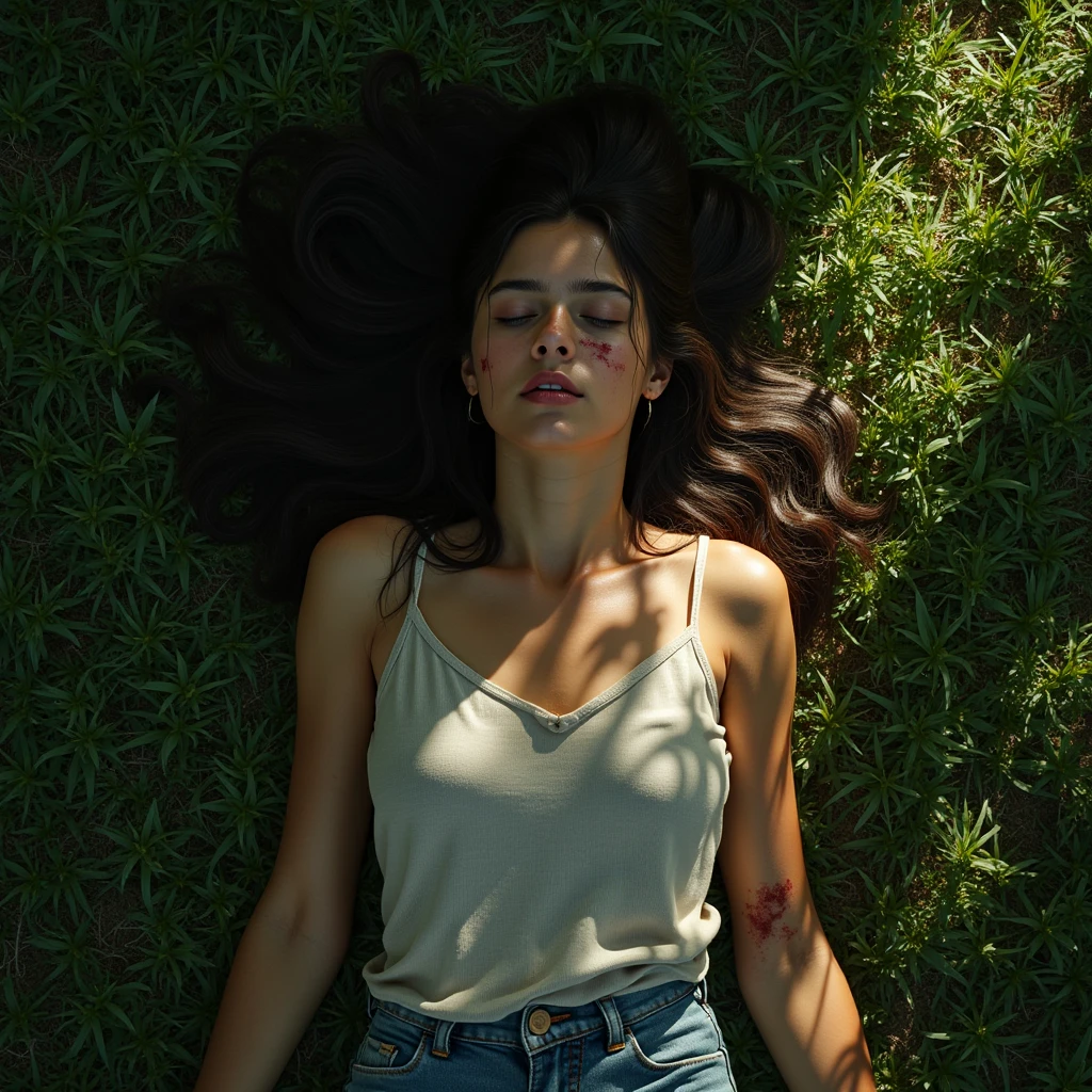 A full body top down photorealistic depiction of a cute unconscious ...