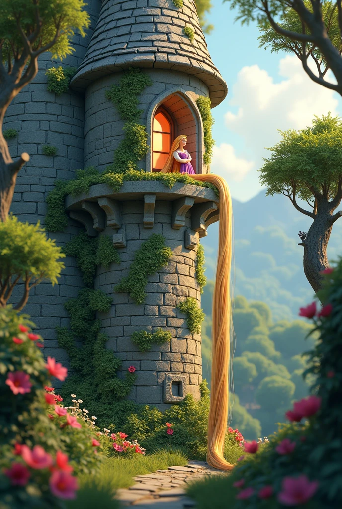 Create a 3D thumbnail for the fairytale story Rapunzel. Write RAPUNZEL ...