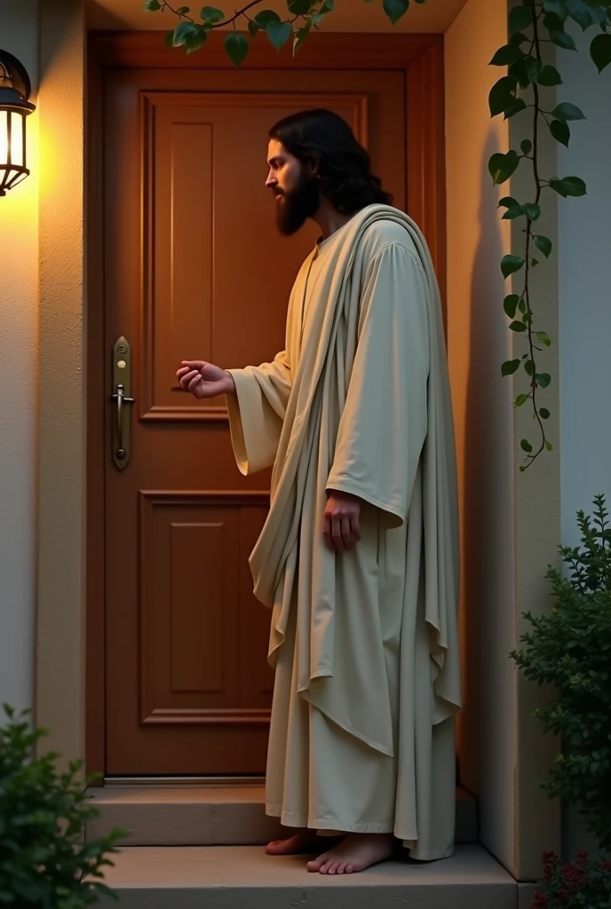 Jesus Cristo de pé na entrada de uma casa, retratado batendo suavemente ...