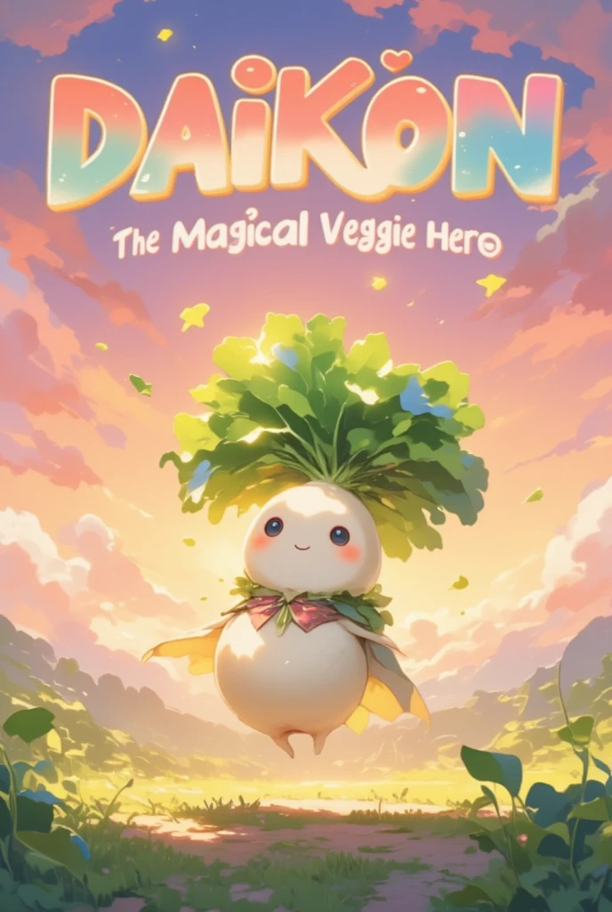Design an adorable anime-style poster starring a "super cute DAIKON ...