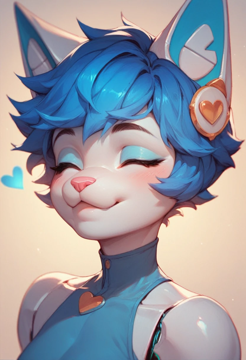 A cute white anthro robot cat with short blue hair fully naked showing ...