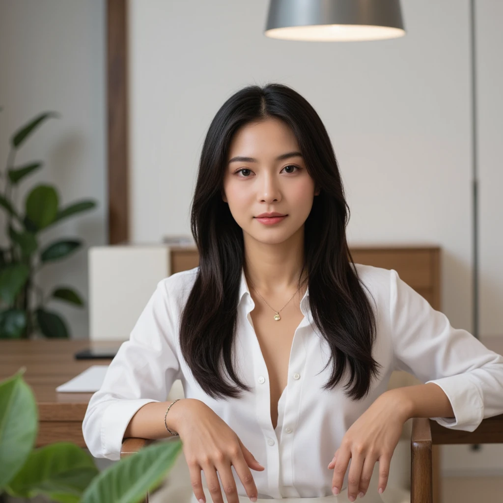 Woman in her mid-30s, sleek black hair, minimalist style, subtle makeup - SeaArt AI