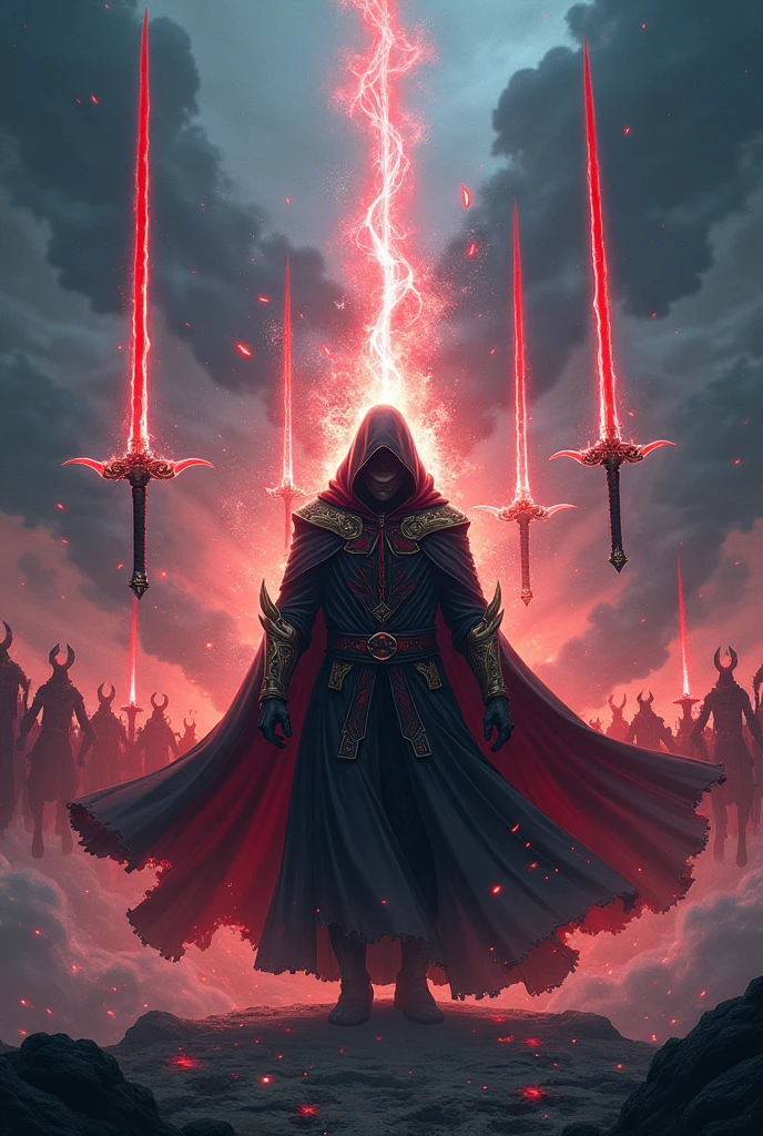 anime a man in a black and red robe with five magic sword floating ...