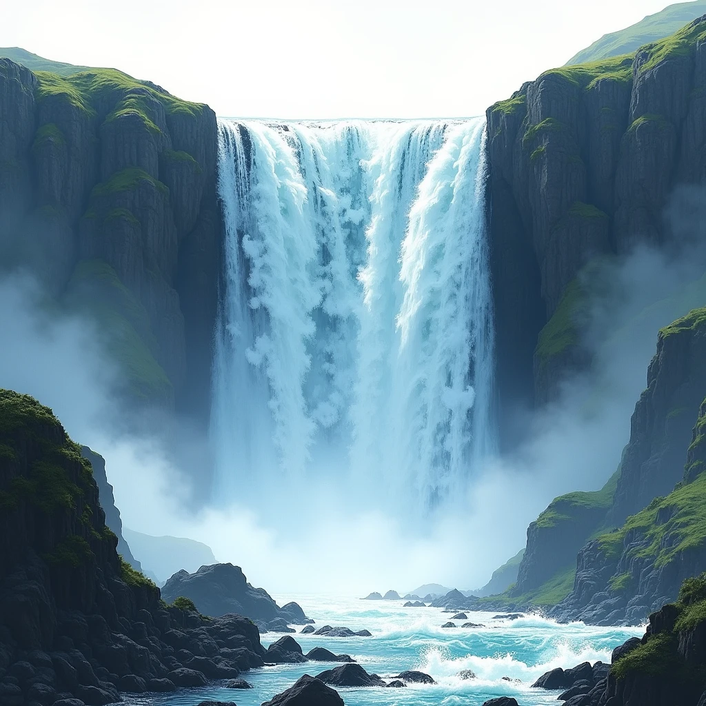 Depict a waterfall tumbling over jagged rocks, surrounded by diffuse ...