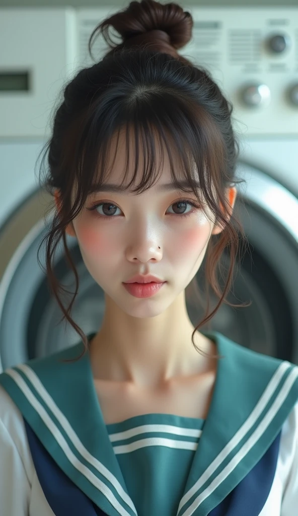 Japanese Women、Brown Hair、One brown bun hair、( face in front of washing ...
