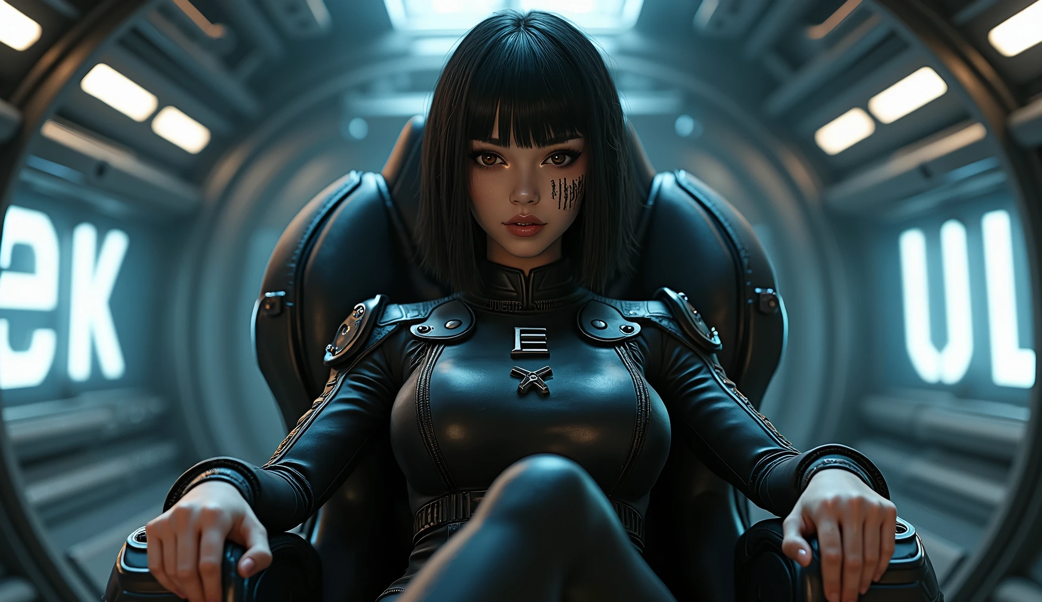 Arafed woman in a black leather outfit sitting in a chair - SeaArt AI