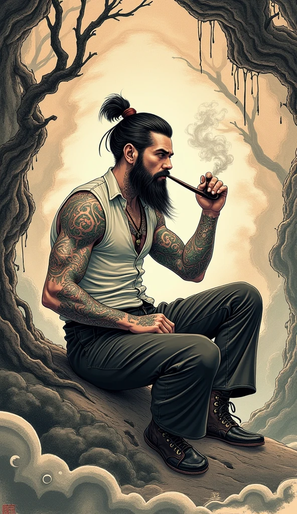 A Chinese ink illustration of a handsome Chinese man, beard, haircut ...