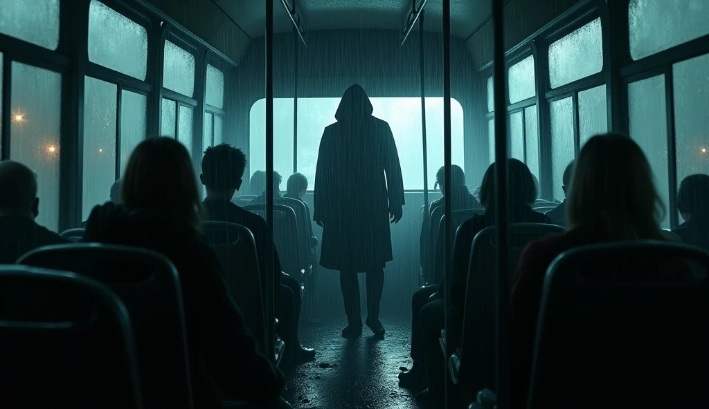 A hauntingly eerie scene inside a dimly lit bus during a torrential ...