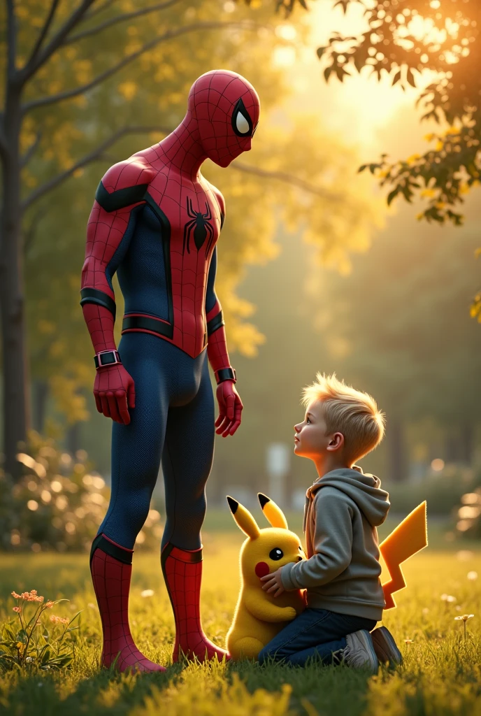 A realistic scene featuring Spiderman, Pikachu, and an blond boy with ...