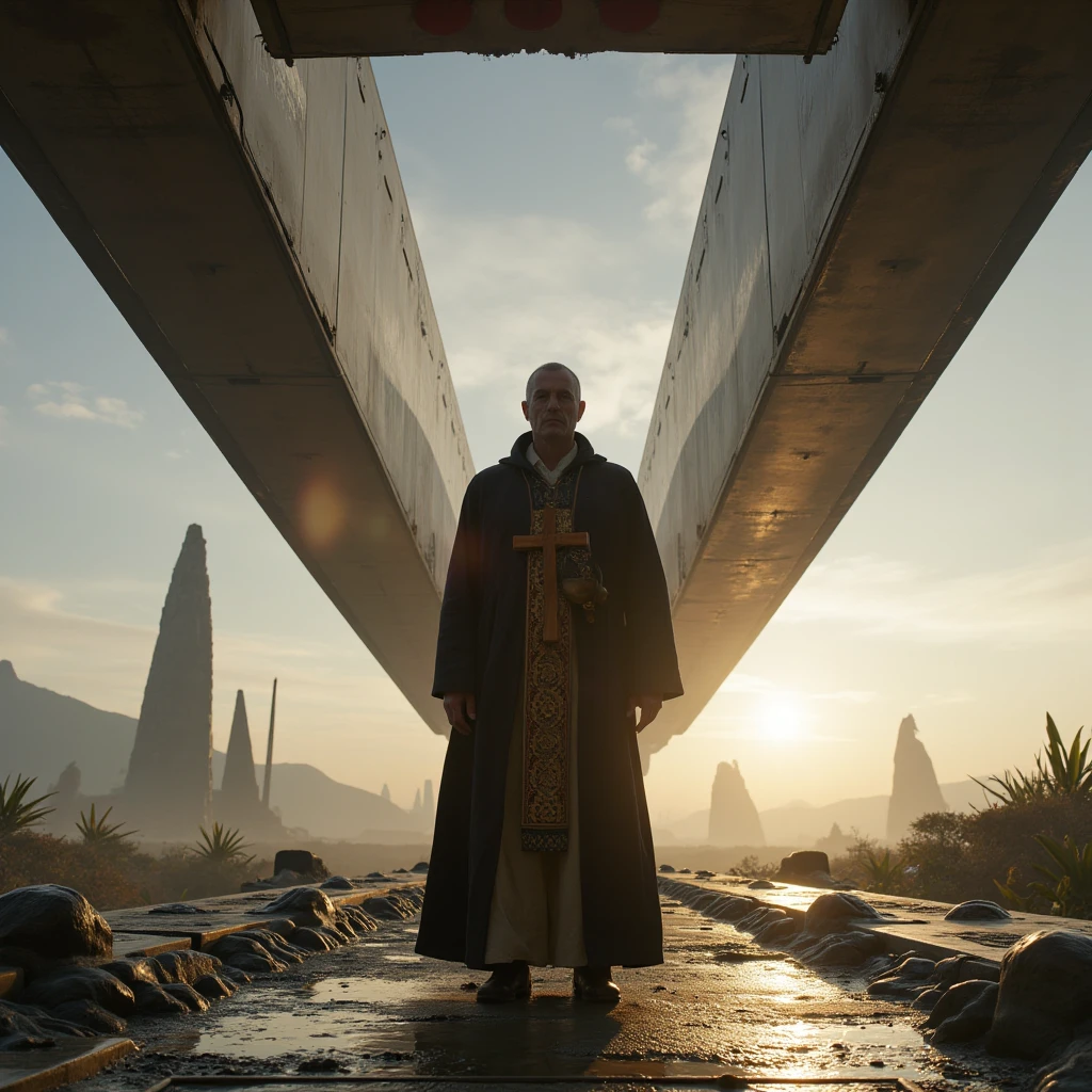 Front view of a catholic missionary priest standing on the ramp that is ...