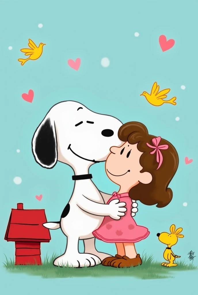 Snoopy hugging Lucy in a pink dress , On a blue background - SeaArt AI