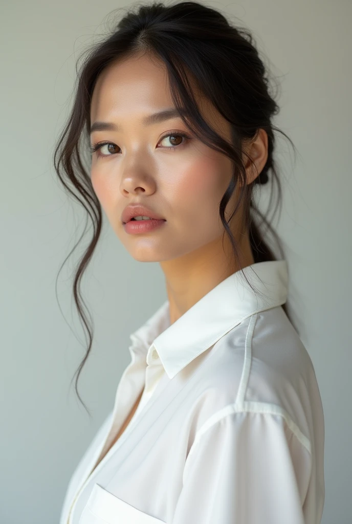 A pretty woman, dressed in white shirt, full body portrait, nice ...