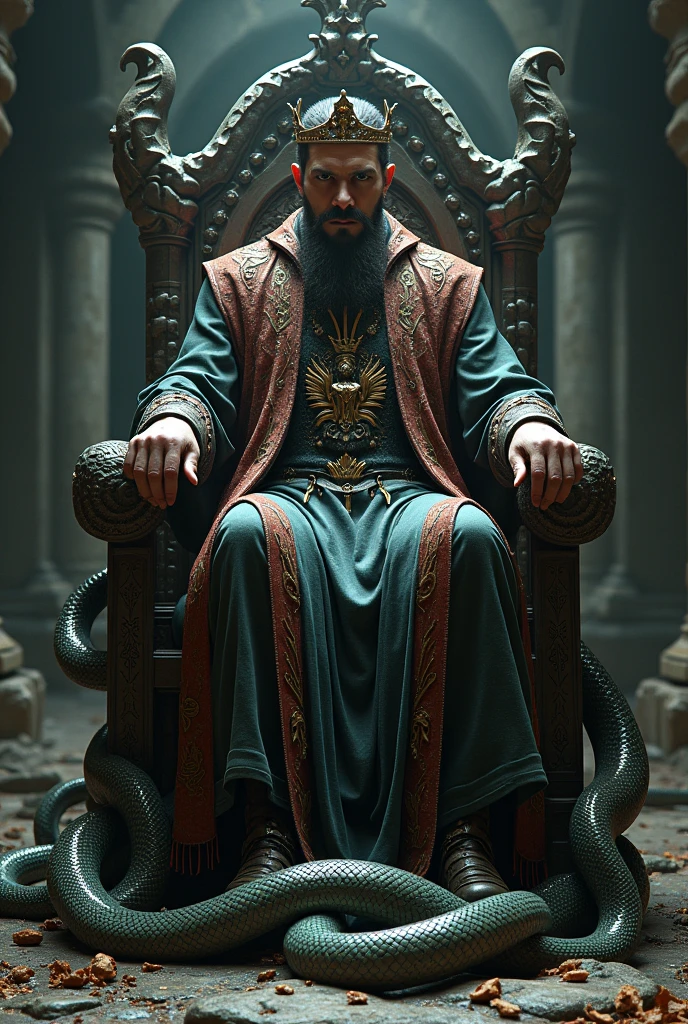 Generate a man sitting on a throne made out of snakes, make the details ...