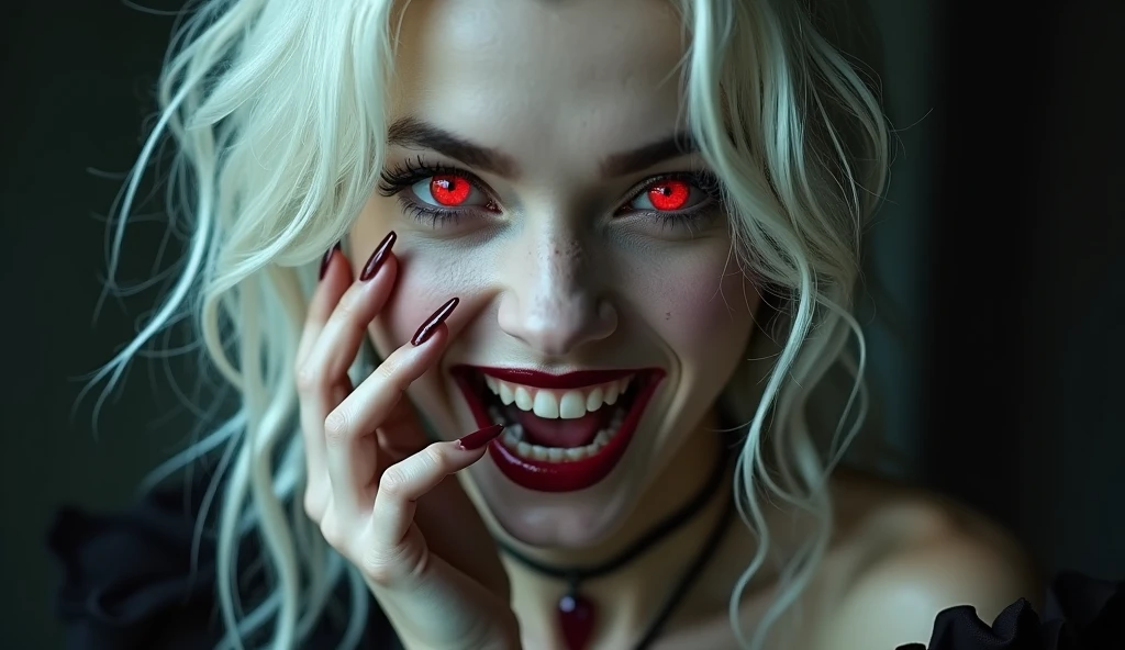 A striking young vampire in her early twenties, with pale porcelain ...