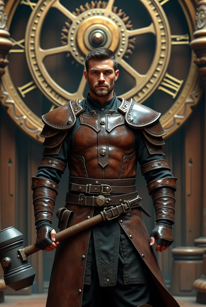 A young man without a beard, dressed in leather armour, he is holding ...