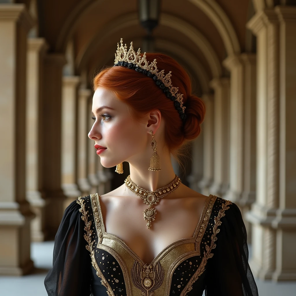 Red-haired woman with her hair tied up in a formal hairstyle and a ...