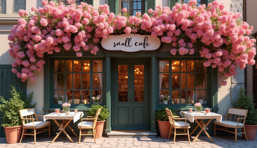 Cafe facade decorated with pink flowers with a terrace and outdoor ...