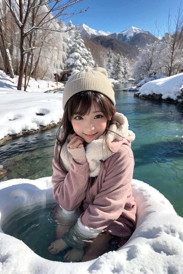 Winter、Soak in hot springs、snow、Background snow mountain、 - SeaArt AI