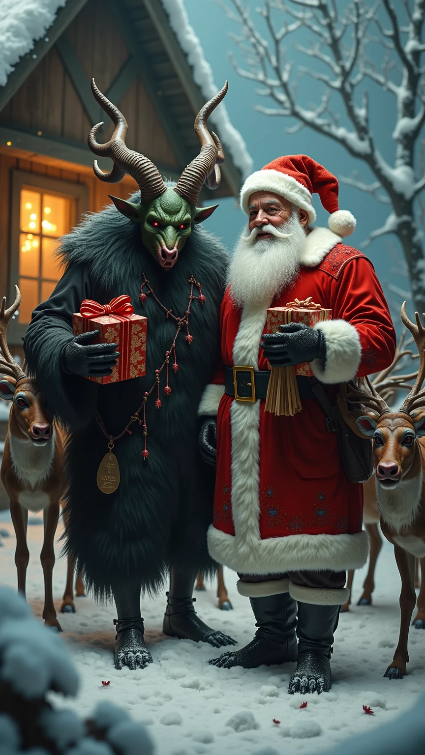 Krampus with Santa Claus, with gifts and ren - SeaArt AI