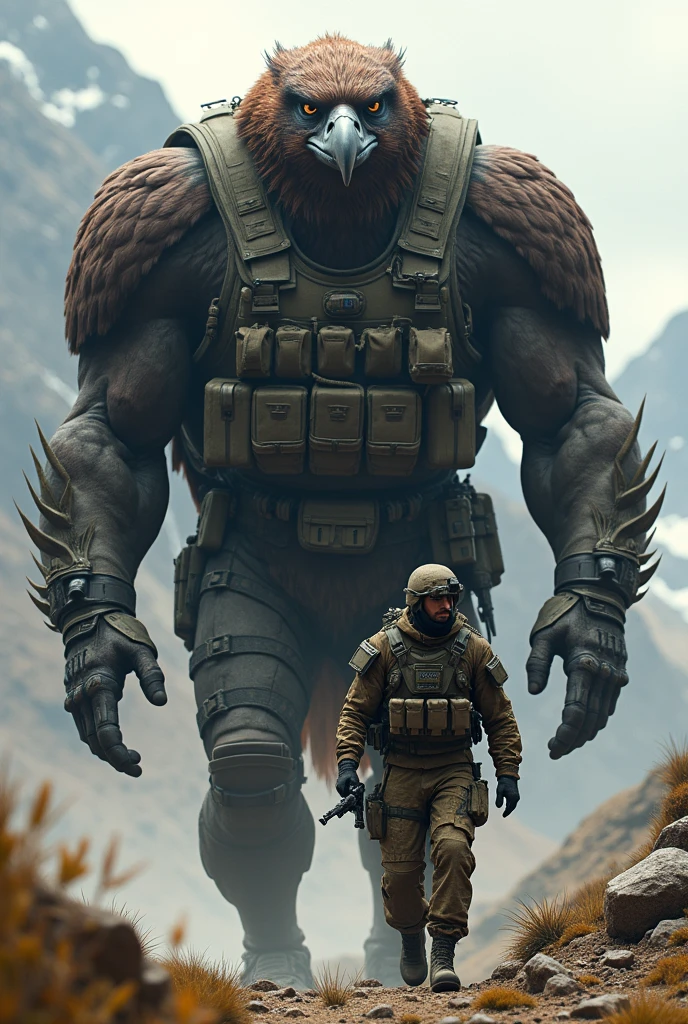 A colossal muscular humanoid Andean condor wearing military clothing ...