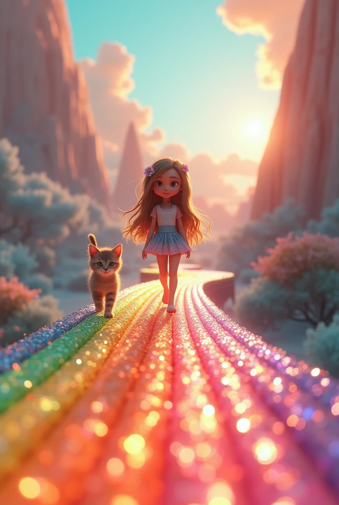 3D animation, surrealism, huge rainbow, girl and kitten crossing ...