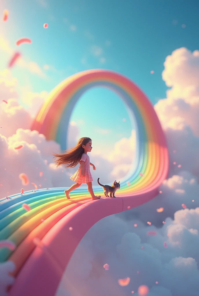 3D animation, surrealism, theme is "Rainbow Bridge", huge rainbow ...