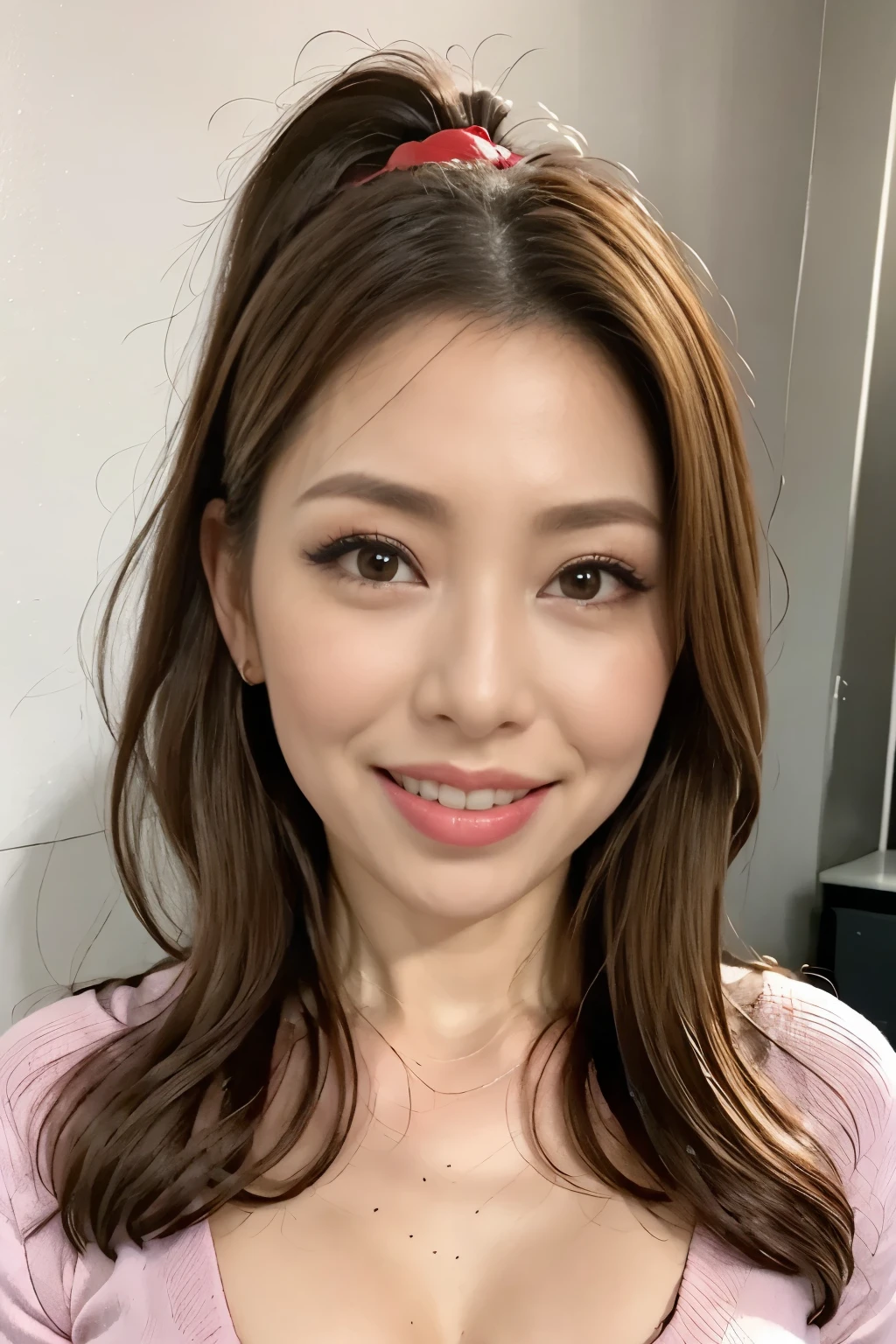 A close up of a woman with a pink shirt and a red bow - SeaArt AI