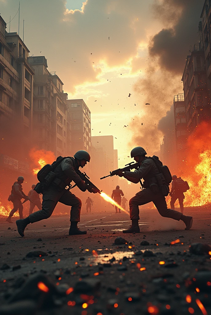 A chaotic battle scene in Surabaya, explosions, gunfire, soldiers ...